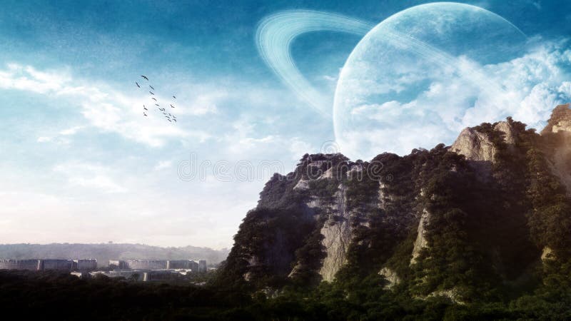 Futuristic Alien City at Lunar Eclipse Stock Illustration ...