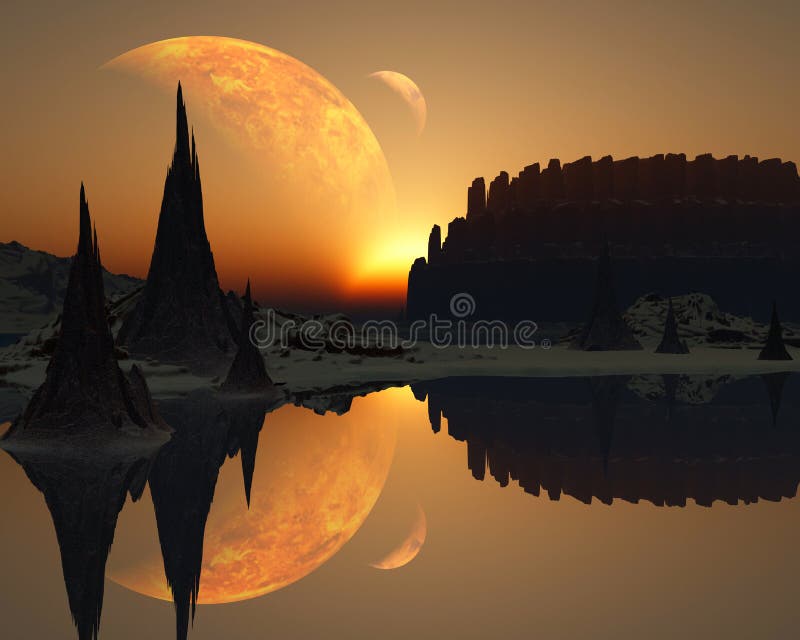 Winter Alien Landscape with Damaged Moon in Orbit Stock Illustration ...