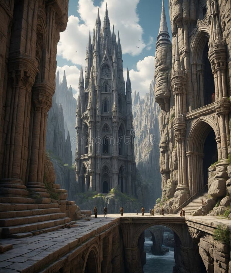 Fantasy Landscape with the Ancient Cathedral in the Middle of the City ...