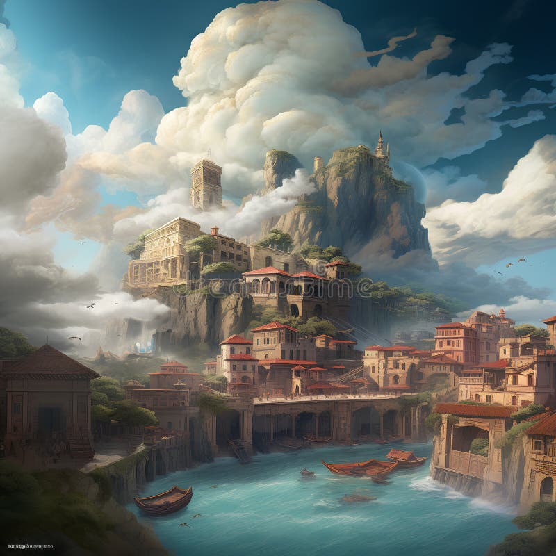 Fantasy Landscape with Ancient City in Clouds. 3D Illustration Stock ...