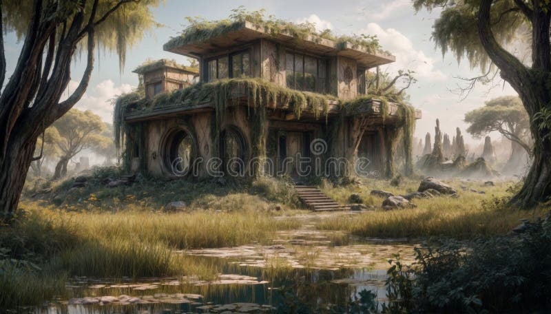 Fantasy Landscape with Ancient House in the Jungle Stock Illustration ...
