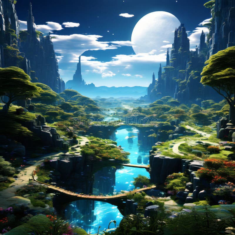 Fantasy Landscape With Ancient Stupas And Moon Stock Illustration Illustration Of Mystery