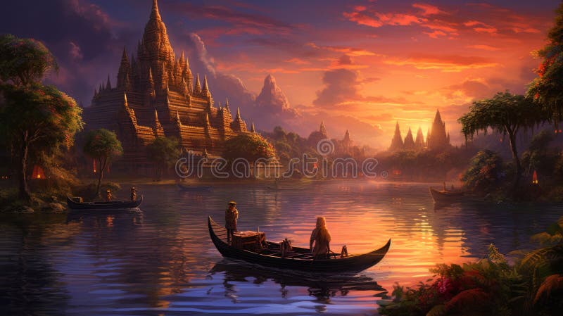 Fantasy Landscape with Ancient Temples and Boats on the Lake at Sunset ...
