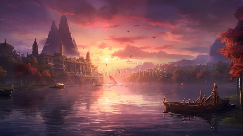 Fantasy Landscape with Ancient Temples and Boats on the Lake at Sunset ...