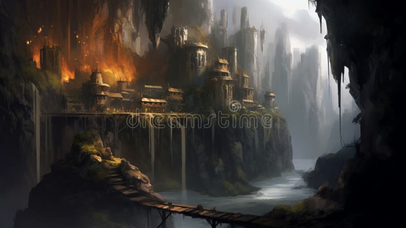 Fantasy City and Cliffside Waterfall in Dark White and Bronze Style ...