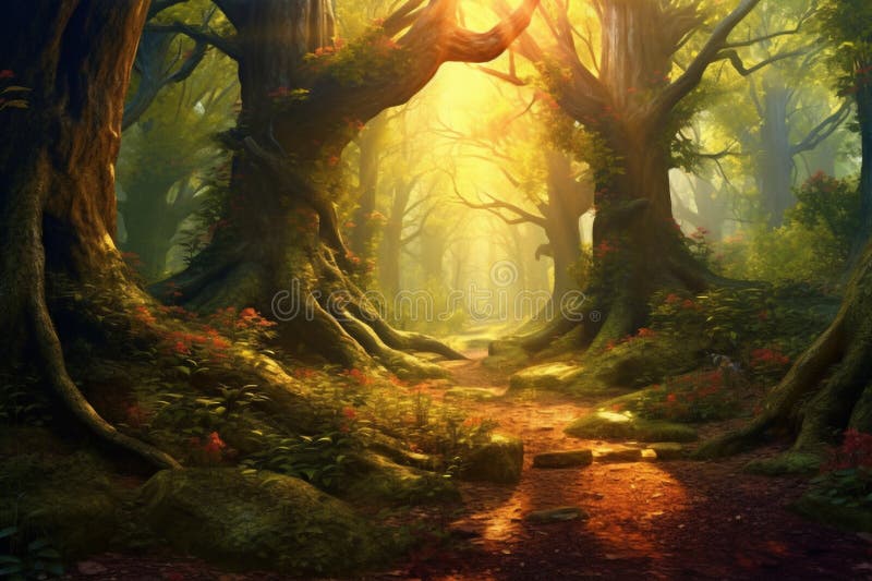 Fantasy Landscape with Autumn Forest and Path Stock Illustration ...