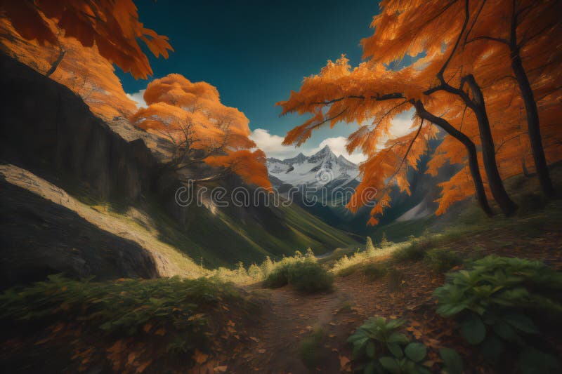Fantasy Landscape with Autumn Trees and Mountains. Generative Ai Stock ...