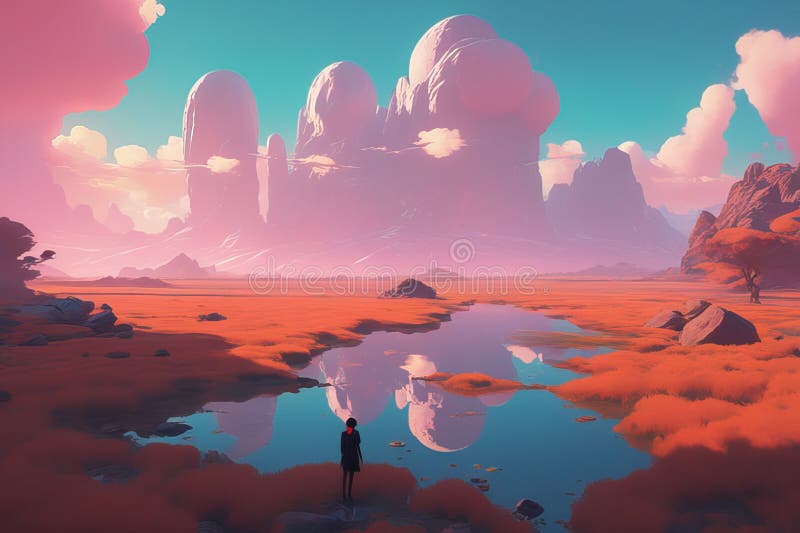 Fantasy Landscape with a Beautiful Sunset, 3 D Rendering, Computer ...