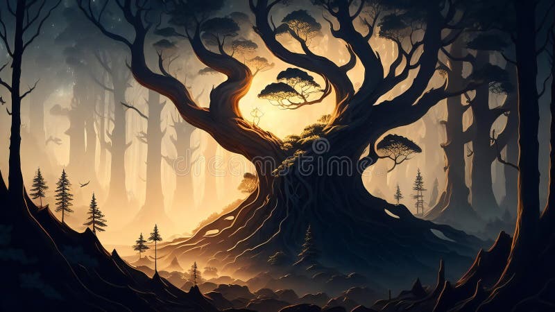 Fantasy Landscape with Big Old Tree in Dark Forest. 3D Rendering Stock ...