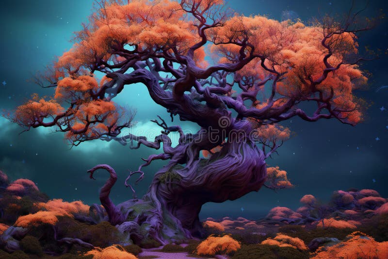 Fantasy Landscape with Big Old Tree Stock Illustration - Illustration ...