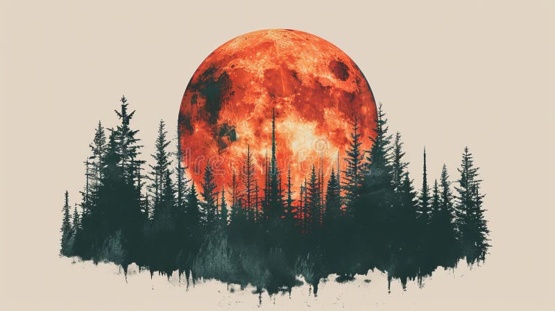 Fantasy Landscape with Big Red Moon in the Forest Illustration Stock ...