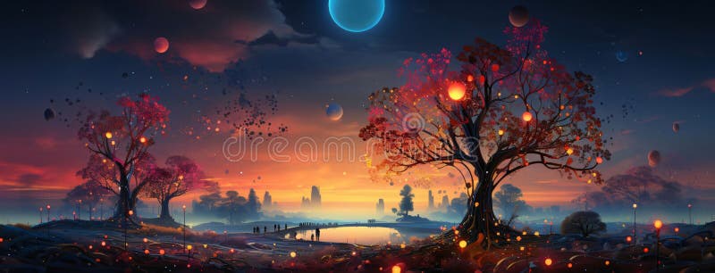 Fantasy Landscape with Big Tree and City at Night. 3d Illustration ...