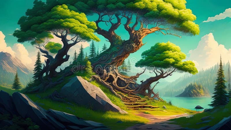 Fantasy Landscape with a Big Tree in the Forest. 3d Render Stock ...