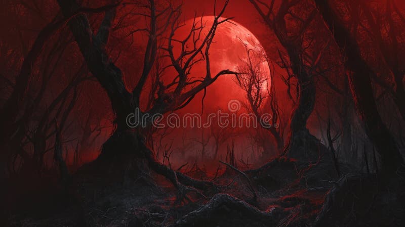 Fantasy Landscape with Blood Moon in the Forest Stock Illustration ...