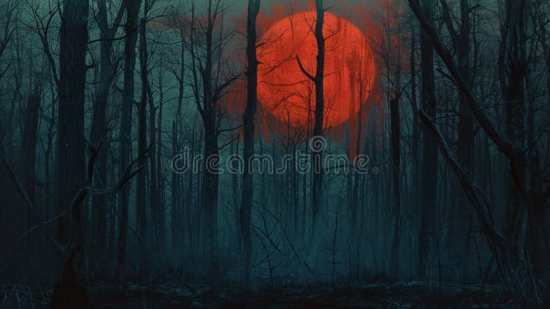 Fantasy Landscape with Blood Moon in the Forest Stock Illustration ...