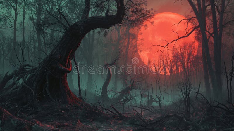 Fantasy Landscape with Blood Moon in the Forest Stock Illustration ...