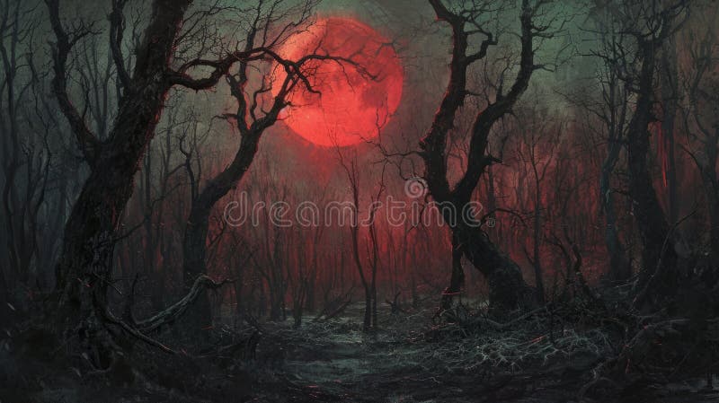 Fantasy Landscape with Blood Moon in the Forest Stock Illustration ...