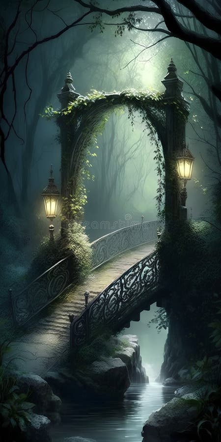 Fantasy Landscape with Bridge and Lanterns in the Dark Foggy Forest ...