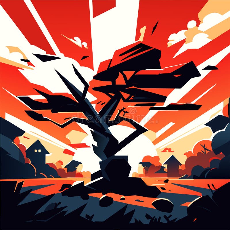 Fantasy Landscape with a Broken Tree. Vector Illustration in a Flat ...