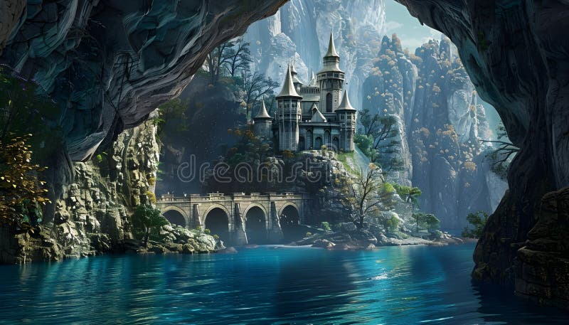 Fantasy castle in a cave stock illustration. Illustration of green ...
