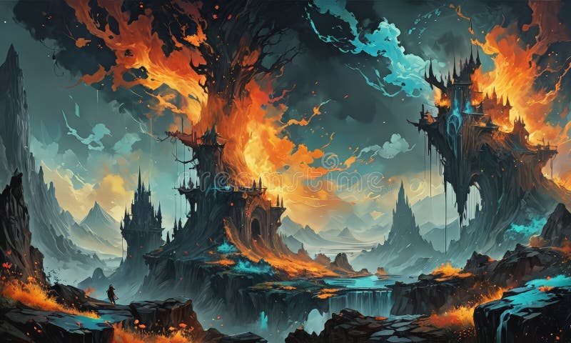 Fantasy Landscape with Castle and Fire Stock Illustration ...