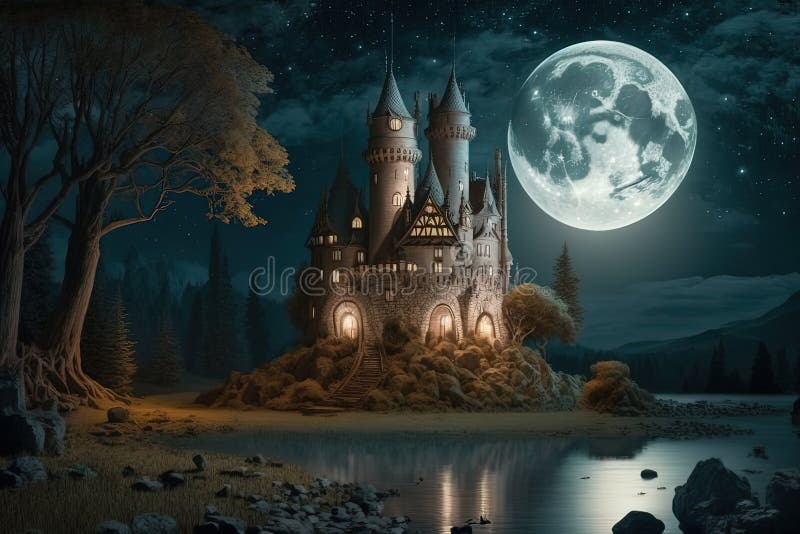 Fantasy Landscape with Castle and Full Moon. 3D Illustration Stock ...