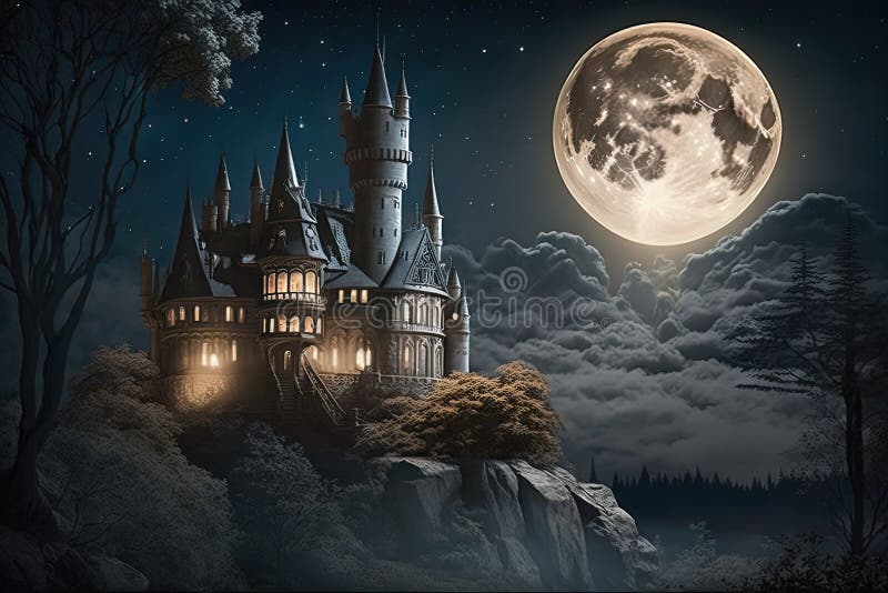 Fantasy Landscape with Castle and Full Moon. Fairy Tale Illustration ...