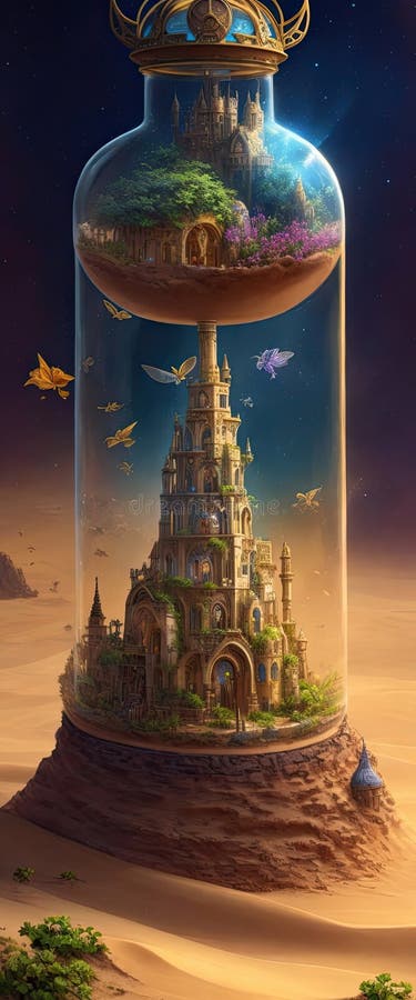 Fantasy Landscape with Castle in a Glass Jar. 3d Rendering. Stock ...