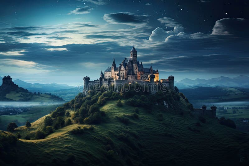 Fantasy Landscape with Castle on the Hill at Night. 3d Rendering, AI ...