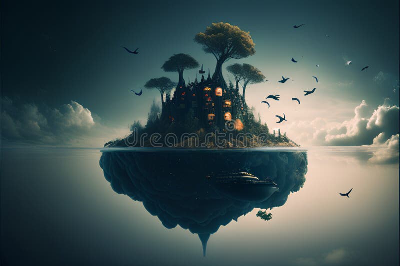 Fantasy Landscape with Castle on the Island. 3d Render Stock ...