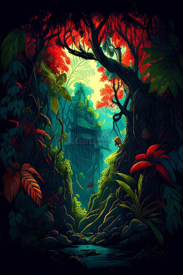 Fantasy Landscape with a Castle in the Jungle. Vector Illustration ...