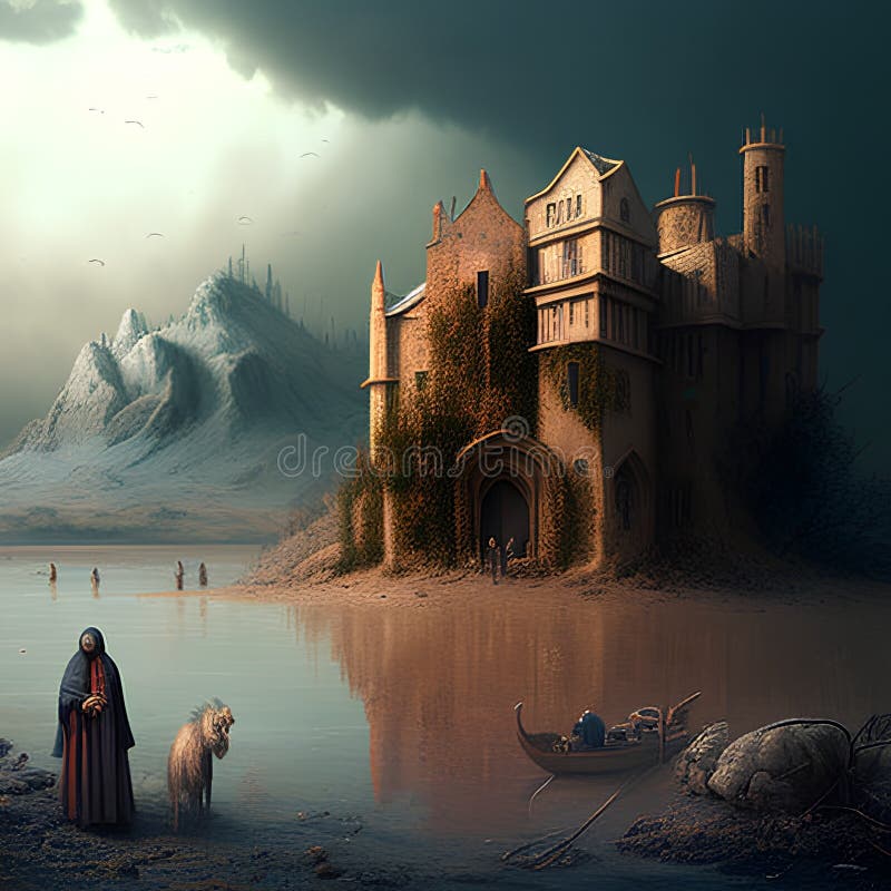 Fantasy Landscape with Castle and Man and Dog. 3d Illustration Stock ...