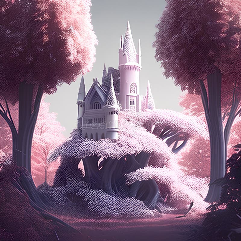 Fantasy Landscape with Fantasy Castle and Trees. 3D Illustration Stock ...