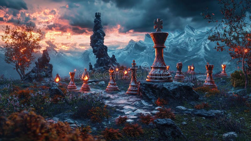 Fantasy Landscape with Chess Pieces and Glowing Torches. a Surreal and ...