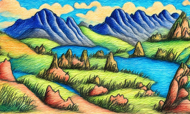 Fantasy Landscape Children Drawing, Generative AI Illustration Stock ...