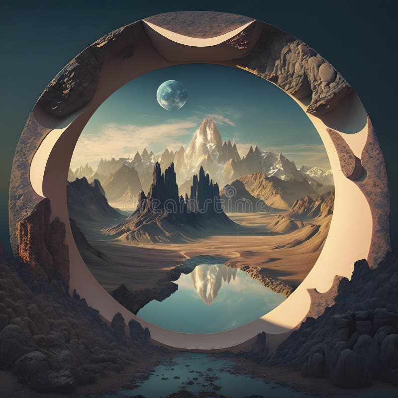 Fantasy Landscape with Circular Portal and Mountains Stock Illustration ...