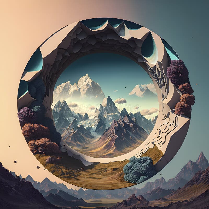 Fantasy Landscape with Circular Portal and Mountains Stock Illustration ...