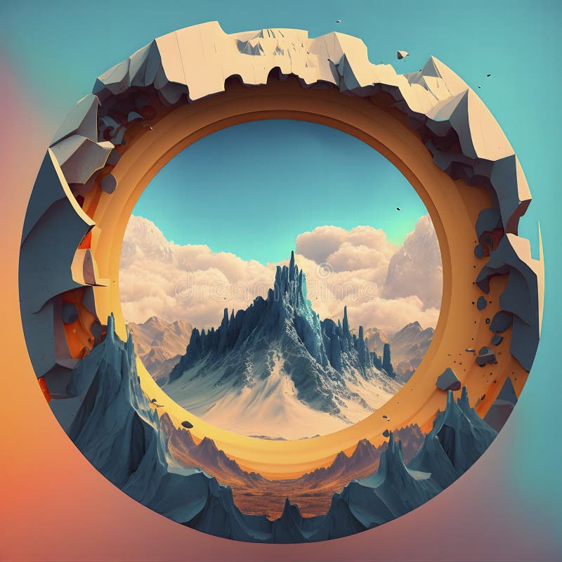 Fantasy Landscape with Circular Portal and Mountains Stock Illustration ...
