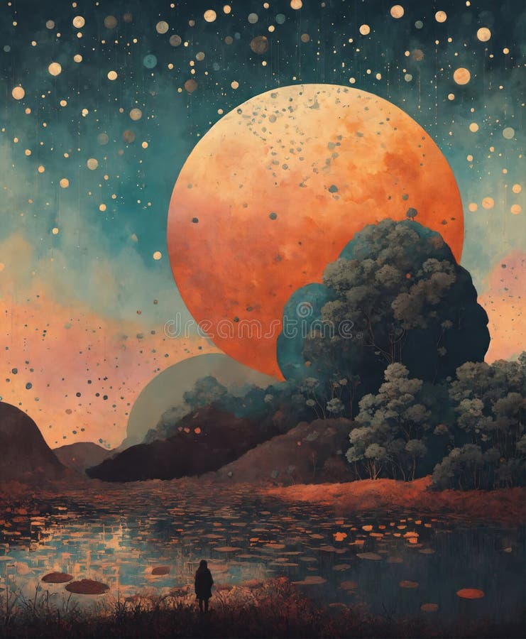 Fantasy Landscape with City and Moon in Grunge Style. Ai Generative ...