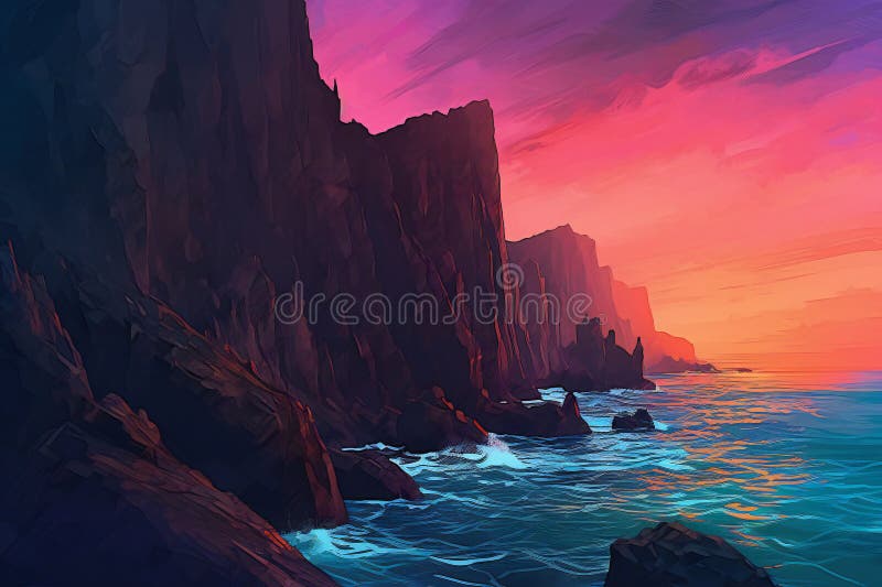 Fantasy Landscape with Cliffs and Sea Stock Illustration - Illustration ...