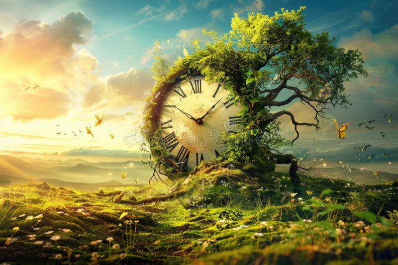 Fantasy Landscape with a Clock Embedded in a Tree, Merging Concepts of ...