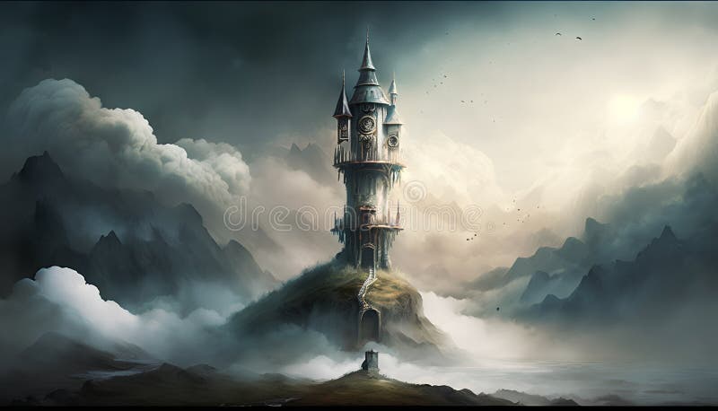 Fantasy Landscape with a Clock Tower in the Clouds. Digital Painting ...