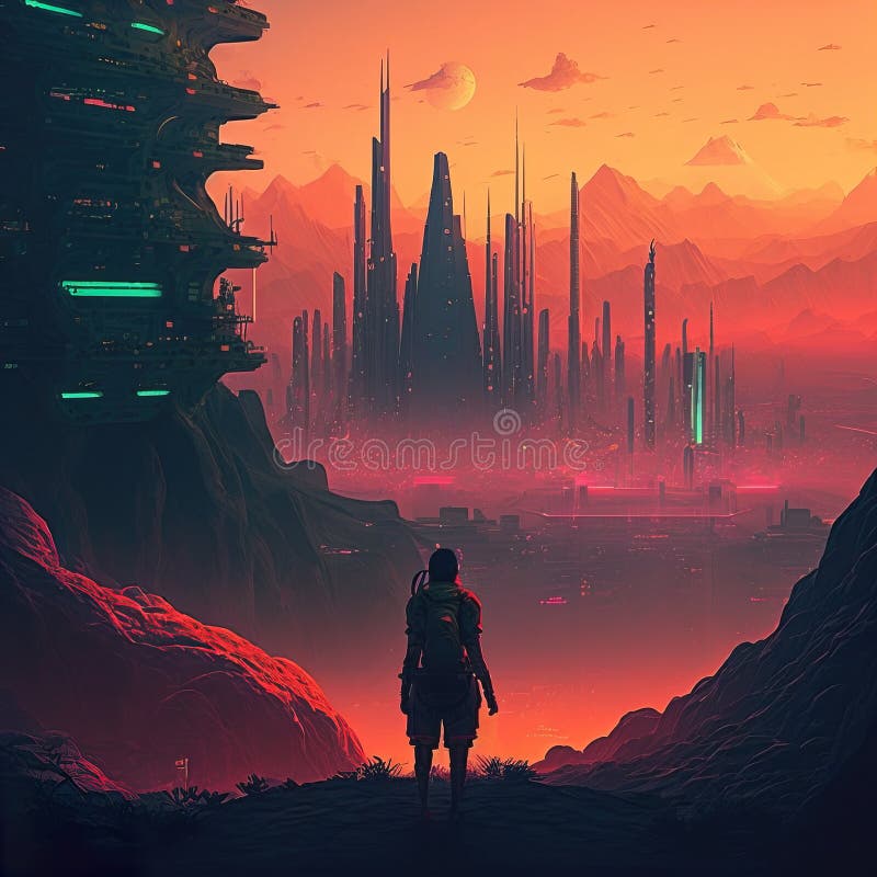 Fantasy Landscape in Cyberpunk Style in Bright Colors Stock ...