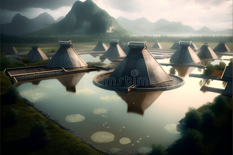 Fantasy Landscape with Dam and Mountains in the Mist. 3d Rendering ...
