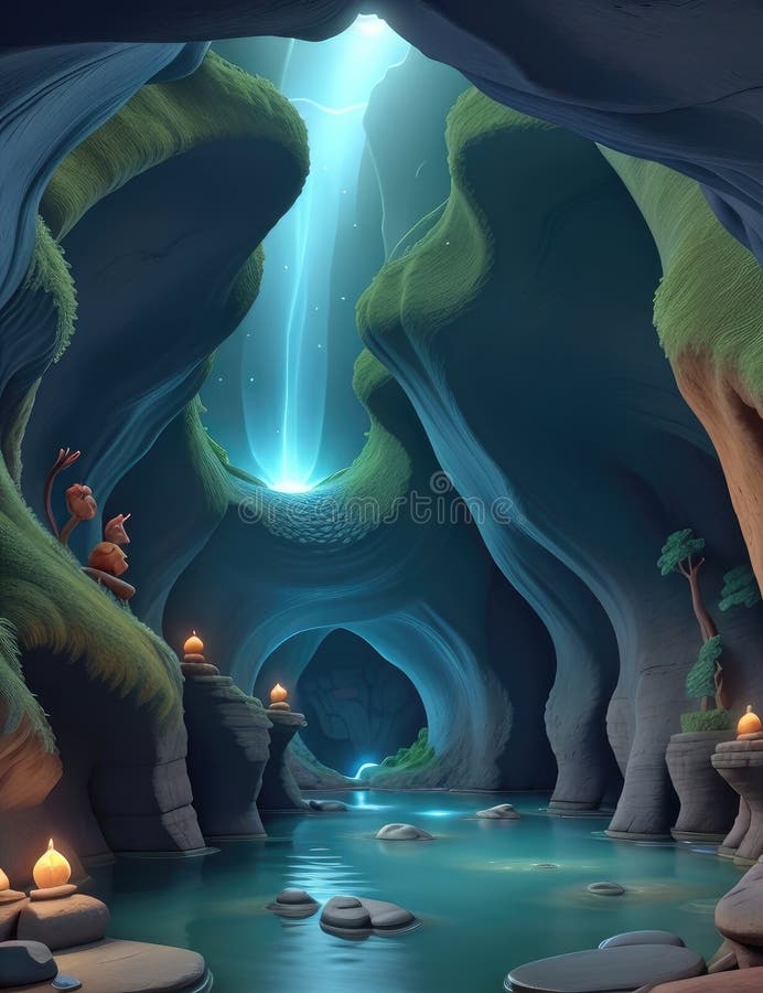 Fantasy Landscape with Dark Cave. 3D Rendering. Computer Digital ...