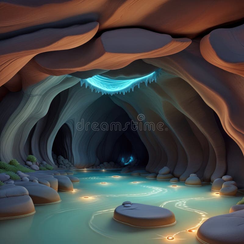 Fantasy Landscape with Dark Cave. 3D Rendering. Computer Digital ...