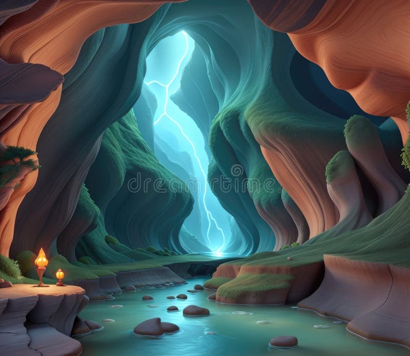 Fantasy Landscape with Dark Cave. 3D Rendering. Computer Digital ...