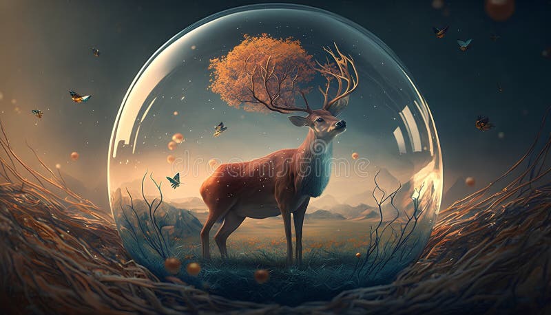 Fantasy Landscape with a Deer in a Glass Sphere. 3D Rendering Stock Illustration - Illustration ...