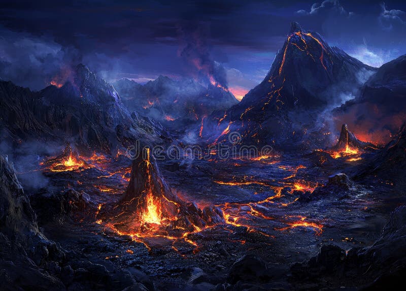 A Fantasy Landscape Depicted with Mountains and Lava Stock Illustration ...