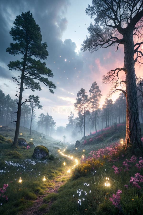 Fantasy Landscape. Fantasy and Dreamy Landscape in the Forest Stock Illustration - Illustration ...
